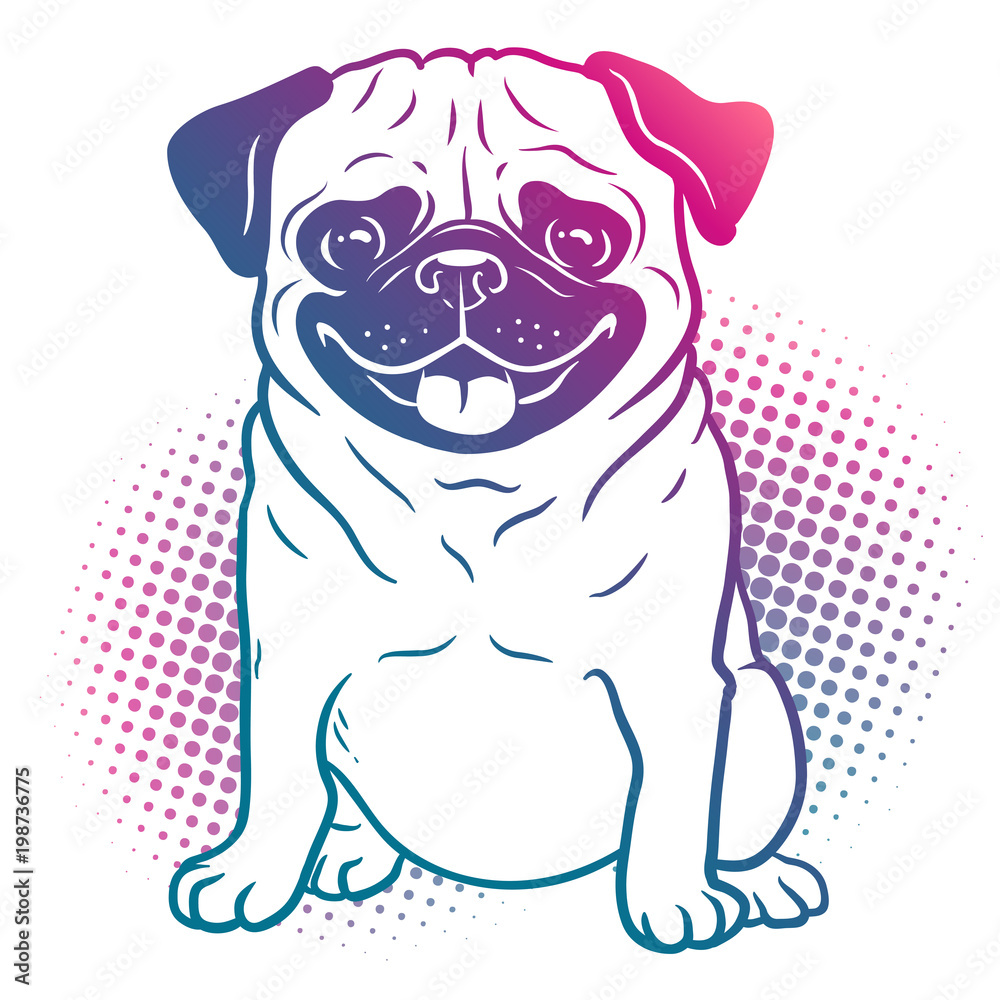 Pug dog pop art style illustration in bright neon rainbow colors, with ...