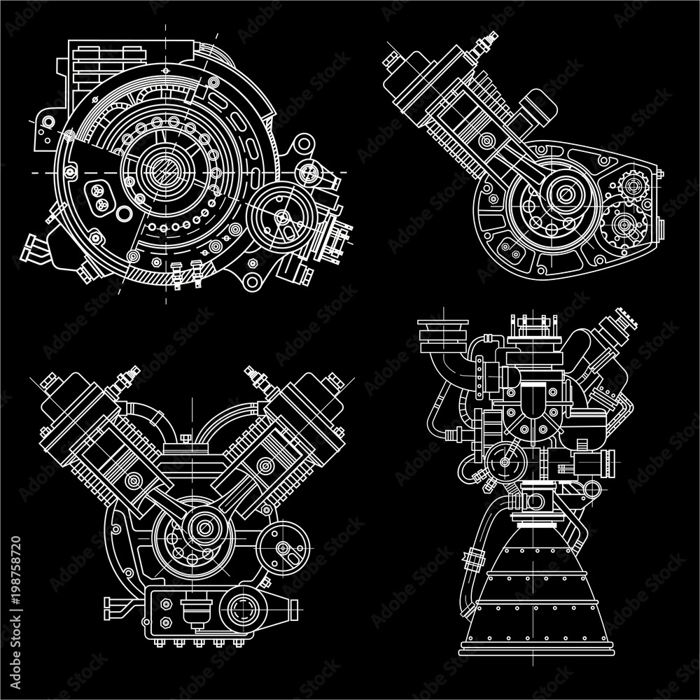 Set of drawings of engines - motor vehicle internal combustion engine ...