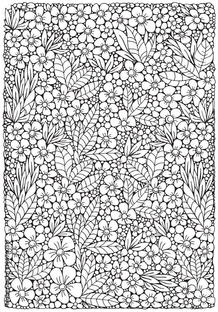 Coloring book page with different little flowers and leaf in zentangle ...