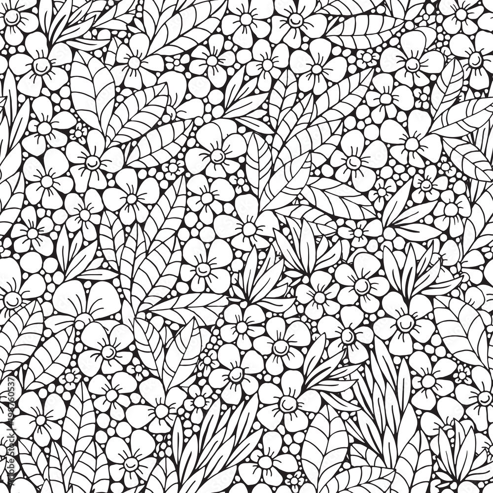 Seamless pattern. Coloring book page with different little flowers and ...