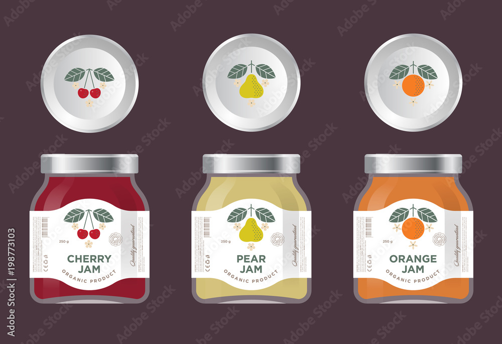Three labels fruit jam. Cherry, pear, orange jam labels and packages ...
