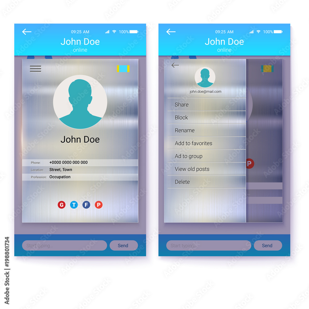 UI of mobile app. Page profile and sidebar menu screen. Interface of ...