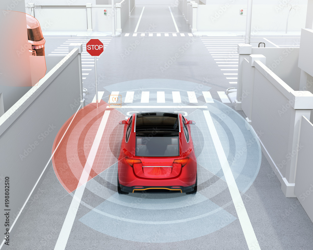 Rear view of red SUV in one-way street detected vehicle left side in ...