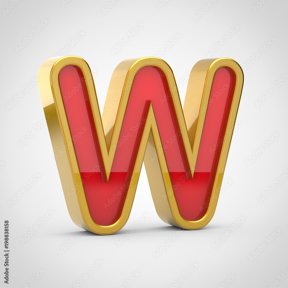 Gloosy red letter W uppercase with golden outline isolated on white ...