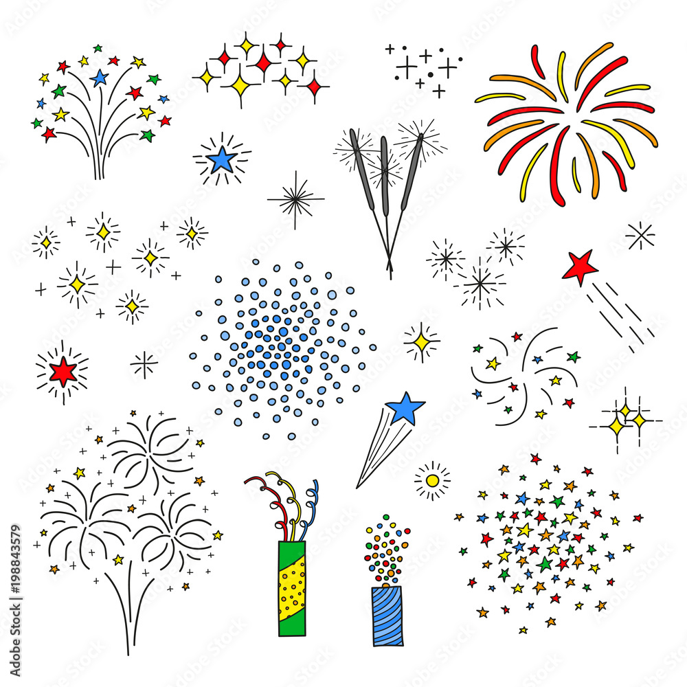 Set of doodle fireworks. Stock Vector | Adobe Stock