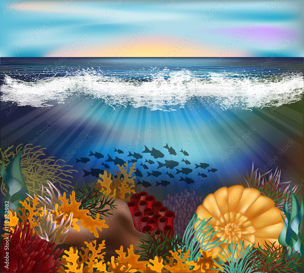 Tropical underwater background with pearl shell , vector illustration ...