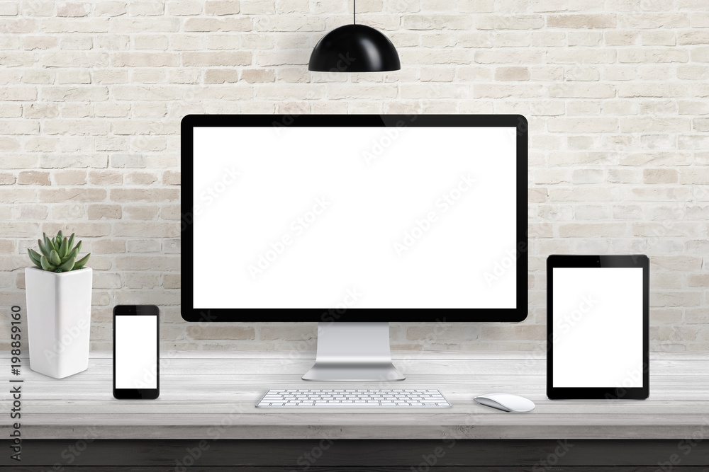 Responsive display devices for web site, design promotion. Isolated screen for mockup. Brick ...