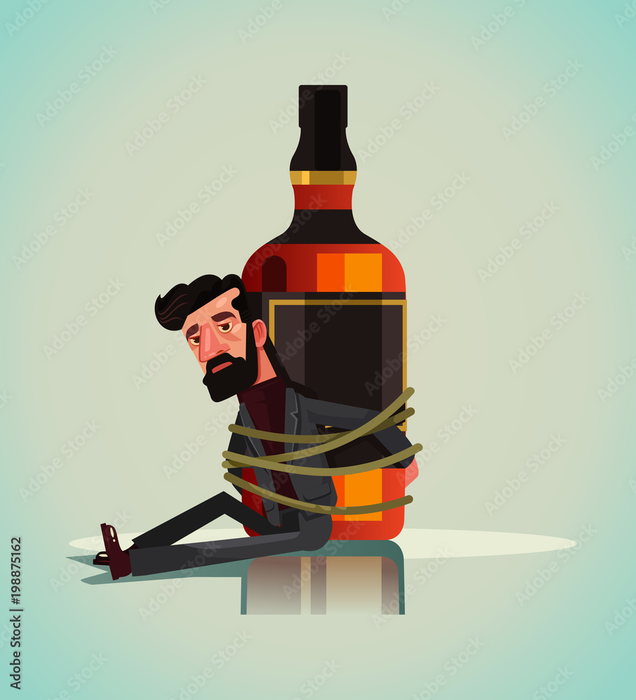 Unhappy sad alcoholic man character chained tied to whiskey vodka beer ...