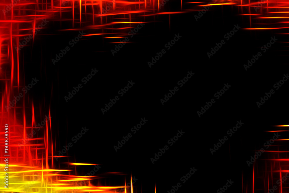 Black inferno background with stylized flame border pattern and empty ...