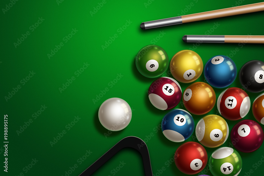 sports theme with billiards, a full set of billiard balls, cue, on a ...