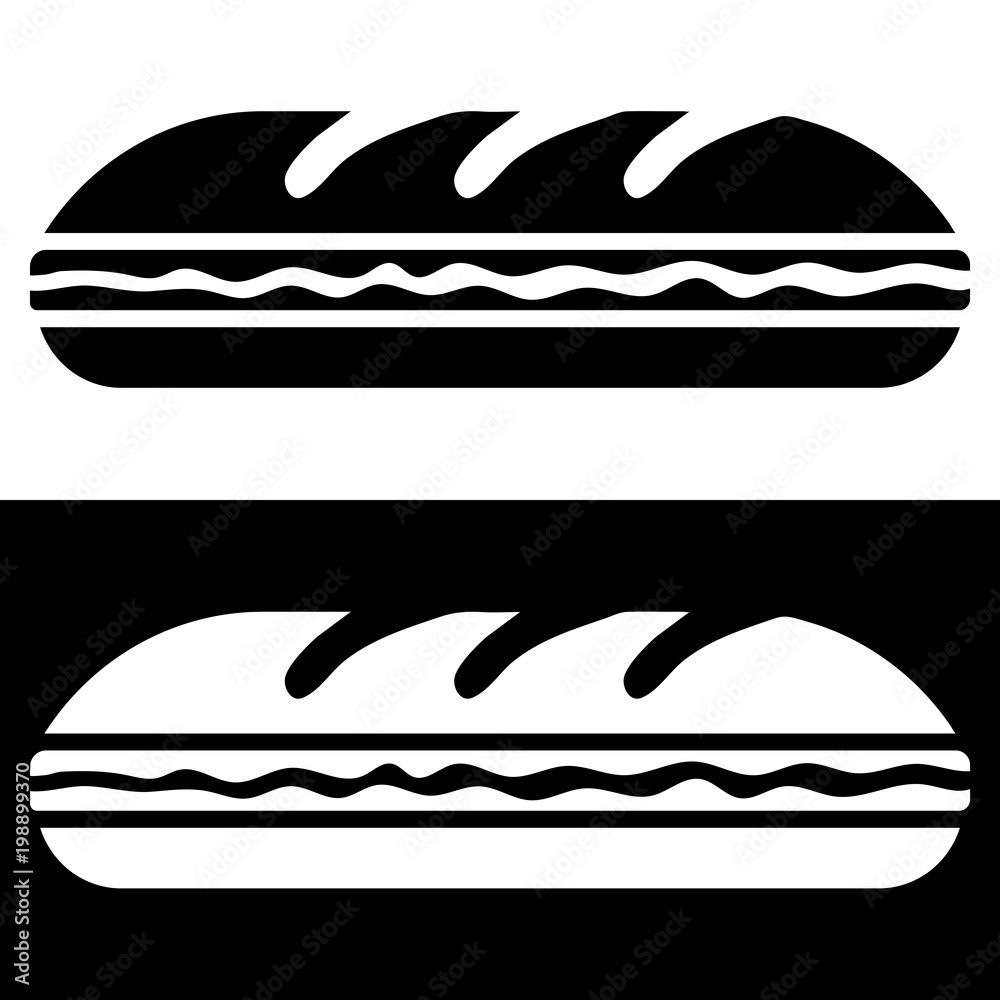 Simple, flat, long sub sandwich silhouette illustration. Black and ...