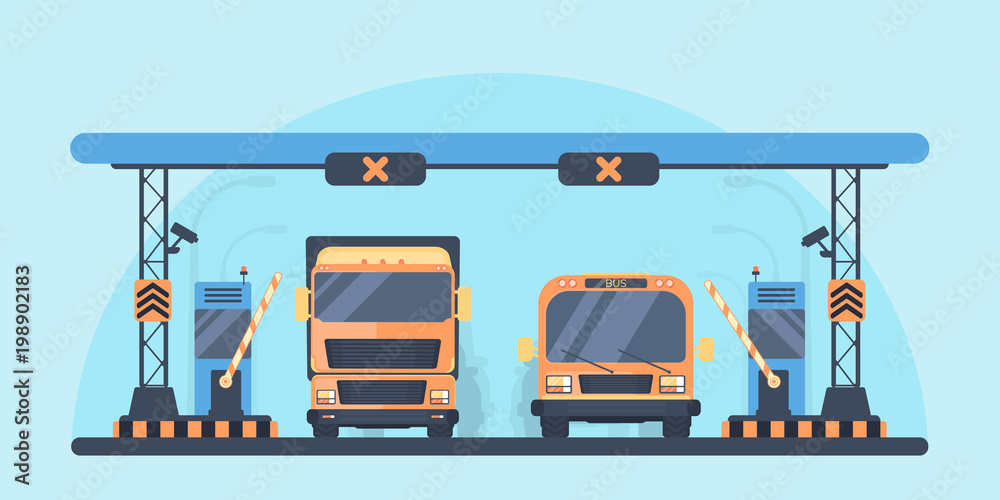 Toll higway. Toll gate construction. Arch for automatic charging on a ...