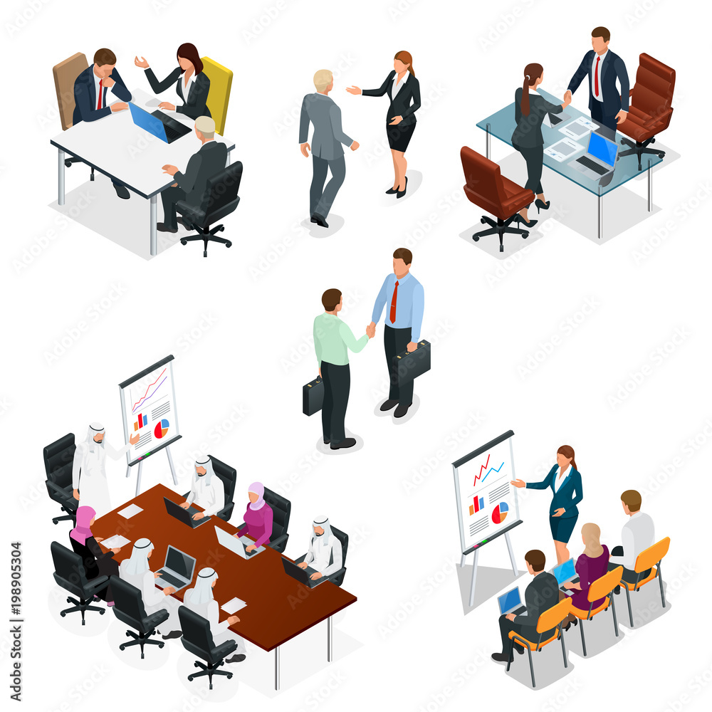 Isometric business people talking conference meeting room. Team work ...
