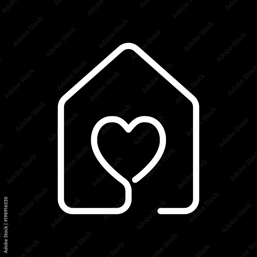 house with heart icon. line style. White icon on black background ...