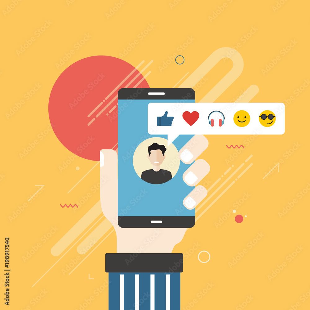 Human hand holding mobile phone with social network feedback emoticons ...