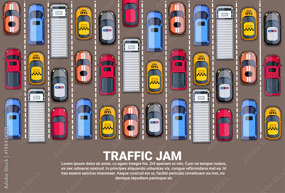 Highway Traffic Jam Top Above View With Road Full Of Different Cars ...