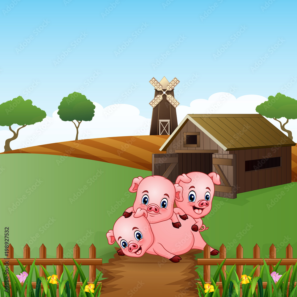 Cartoon three little pigs playing in the farm background Stock Vector ...