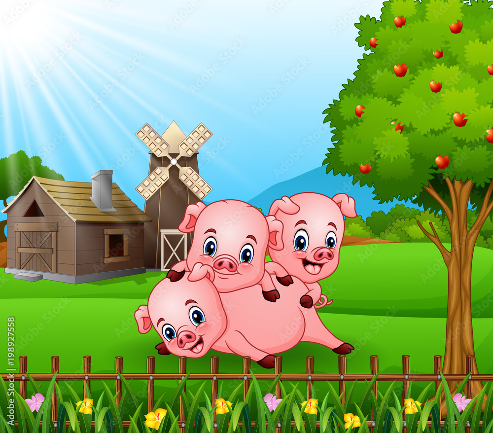 Cartoon three little pigs playing in the farm background Stock Vector ...