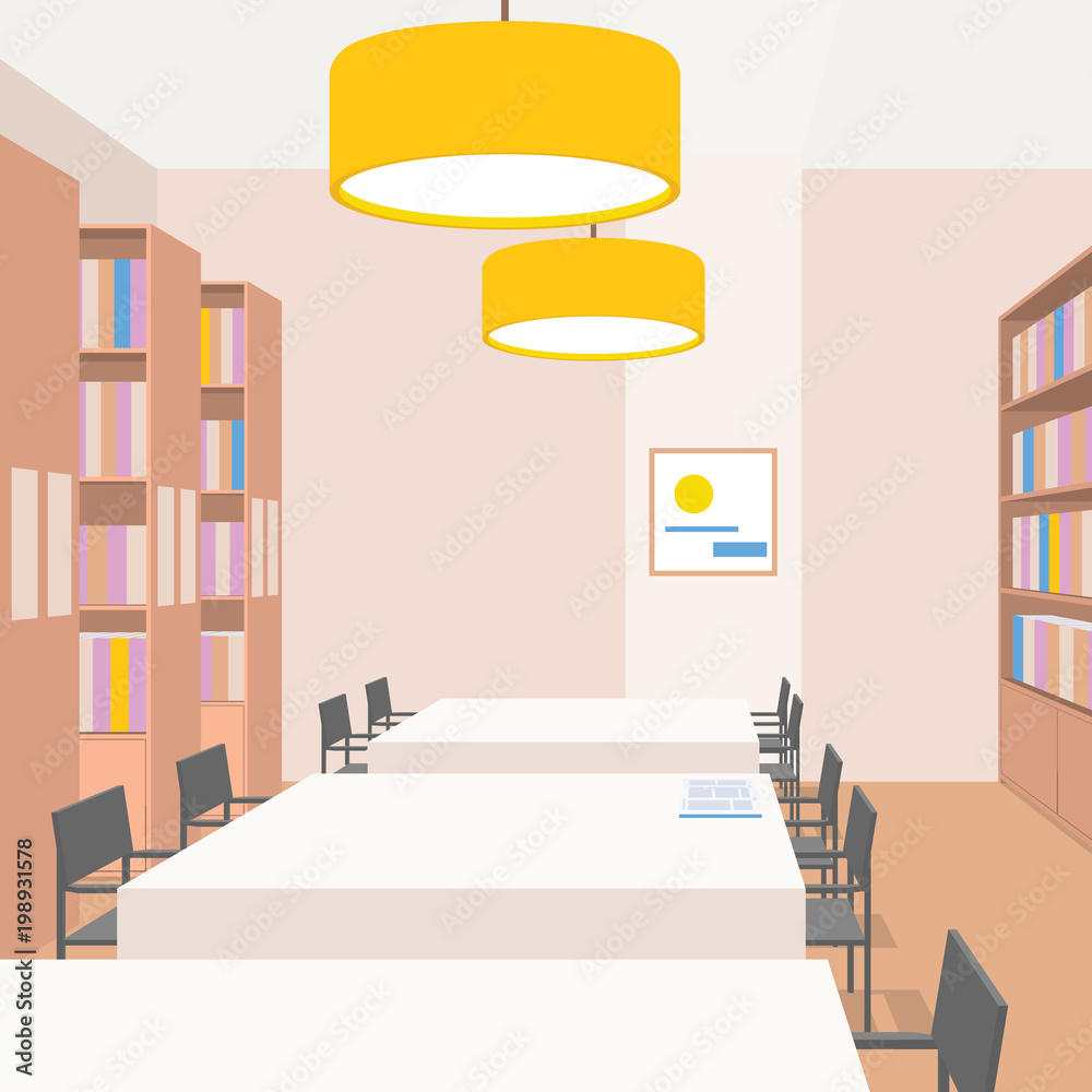 Library interior with tables, chairs, bookcases, lights. Perspective ...