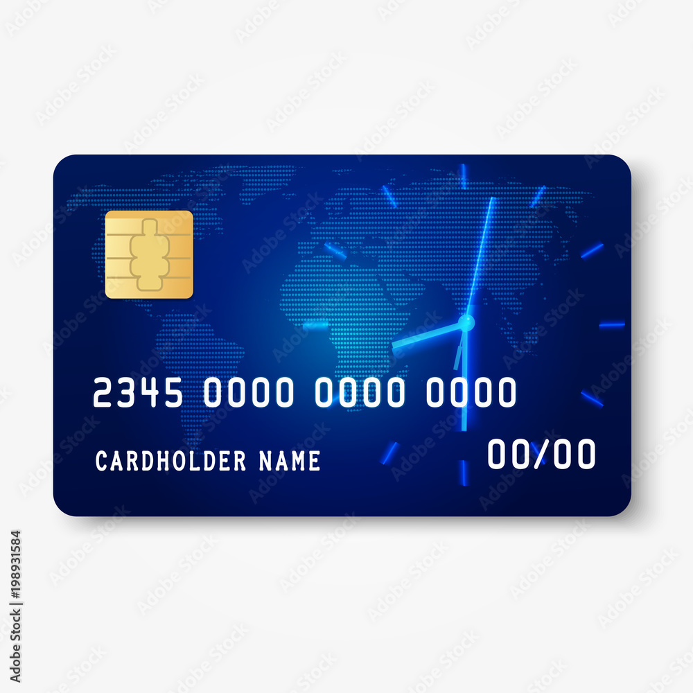 Credit card with watch face and map of earth design - banking concept ...
