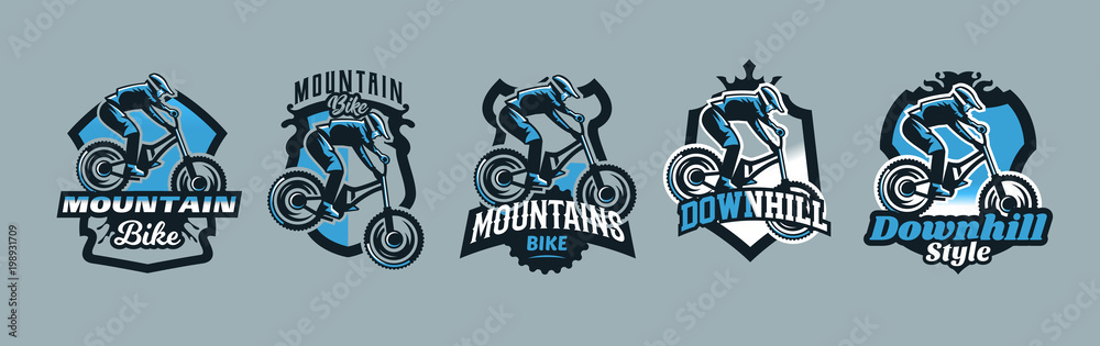 A colorful set of emblems, badges, logos of a rider flying on a ...