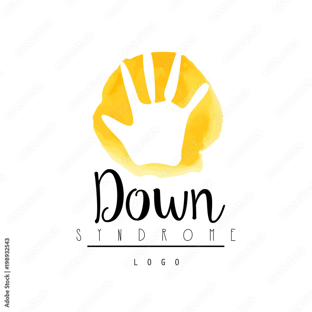 Bright logo with child hand for medical Down Syndrome center. Vector ...
