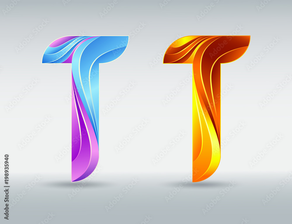 Colorful creative letter T. Abstract 3D font. Caramel and ultraviolet ...