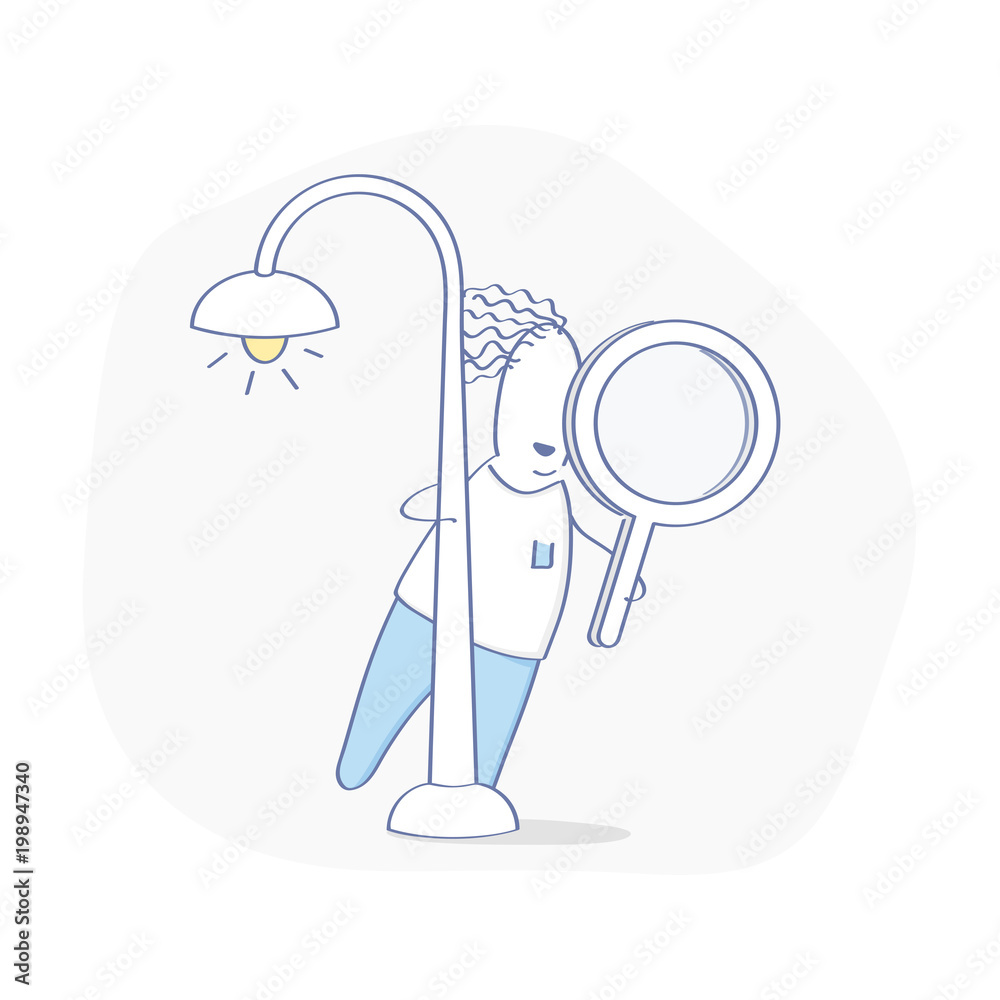 Cute funny guy, detective near a street lamp with a magnifying glass ...