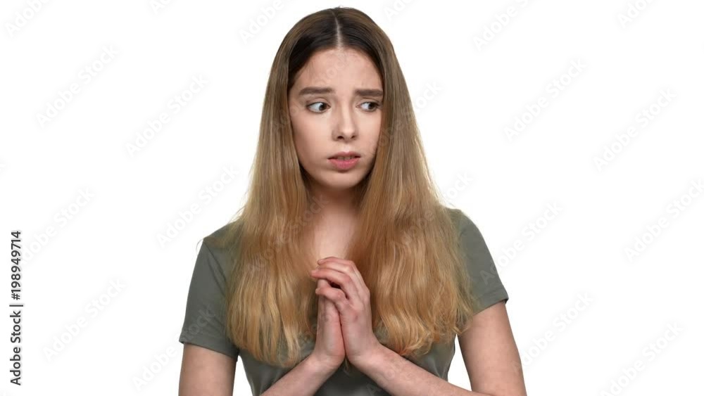 Portrait of caucasian woman 20s reacting with sadness on face and ...