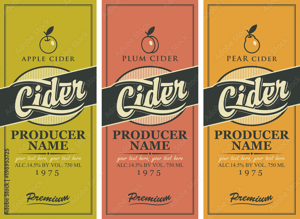 Vector set of labels for various types of cider. Three labels for a ...