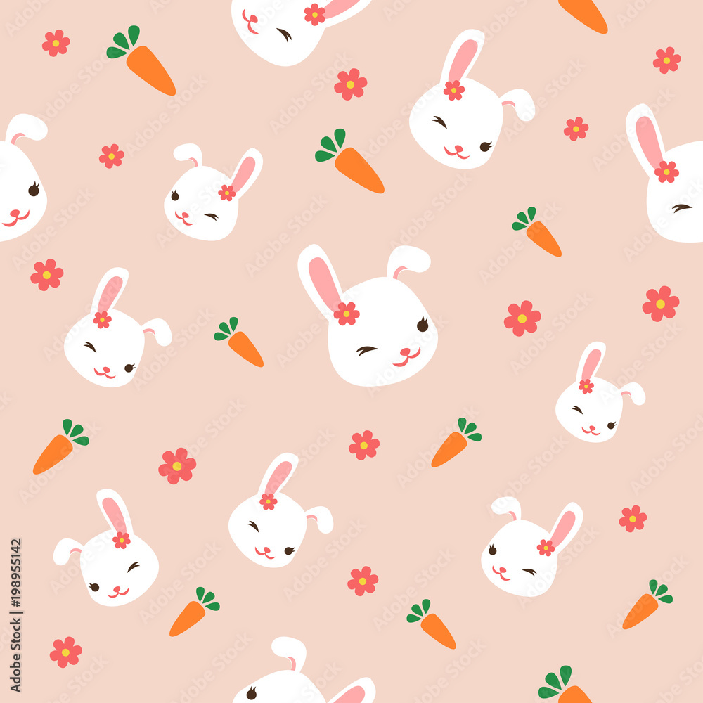 Seamless Bunny pattern with pink flowers, cute rabbit and carrot on ...