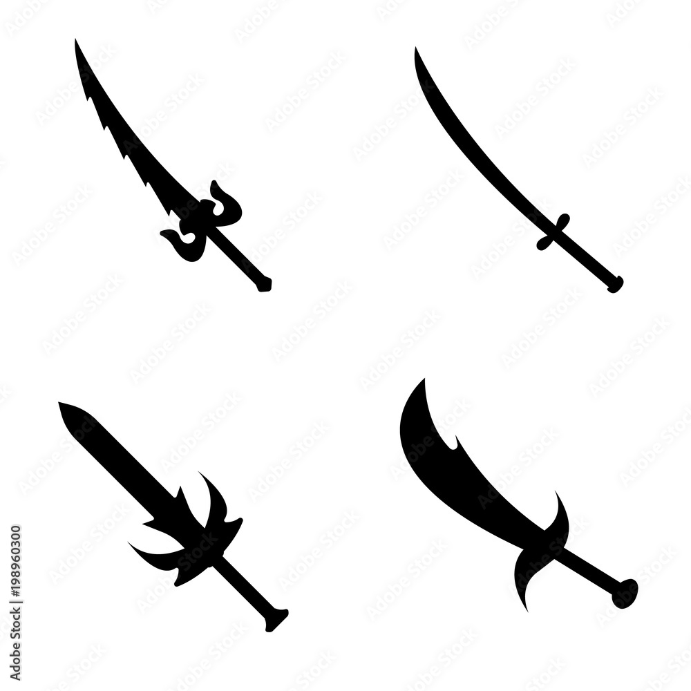 Set of weapon icon. Label of fantasy and medieval weapon. Simple style ...