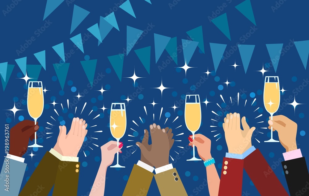 Cheering hands. Clapping and champagne toasting congratulations hands ...
