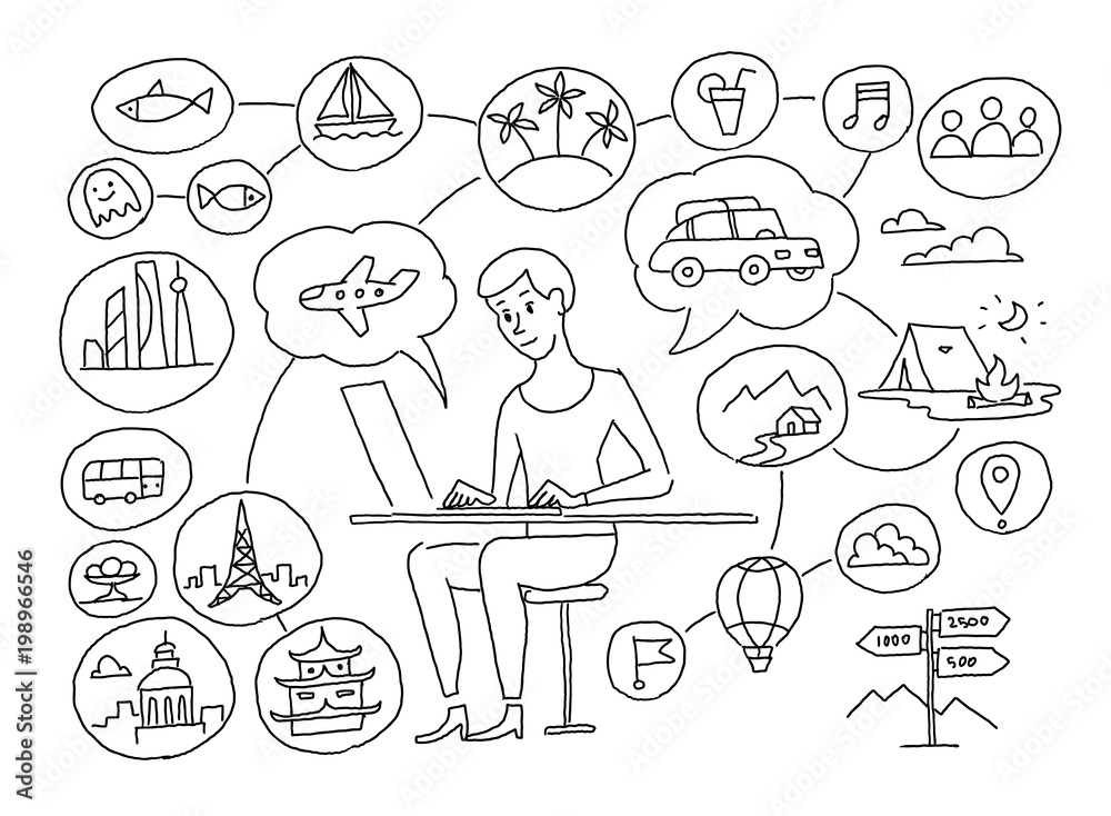Sketch drawing. The girl is planning trip. Travel agent. Thoughts about ...