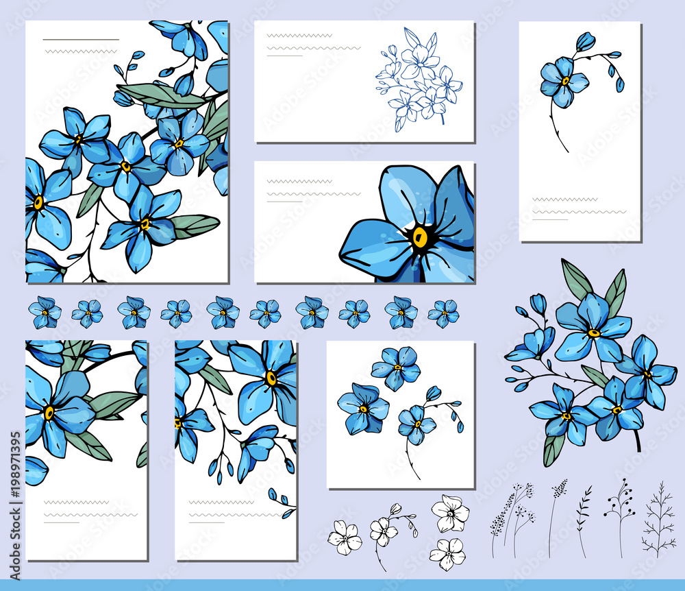 Forget me not set with visitcards and greeting templates Stock Vector ...