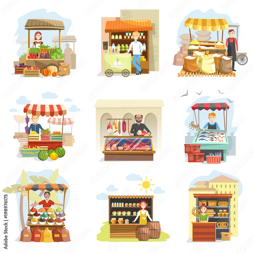 Street vendor booth and farm market food counters vector flat cartoon ...
