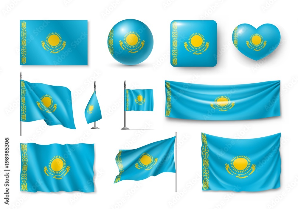 Set Kazakhstan flags, banners, banners, symbols, flat icon. Vector ...
