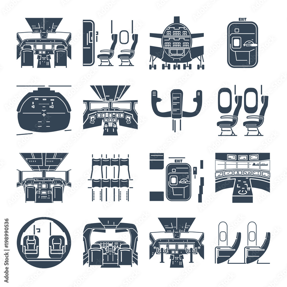 set of black icons cockpit airplane, ship, cabin interior Stock Vector ...