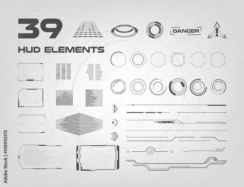 Set of black and white HUD UI elements for business app. Head-up display elements for the web ...