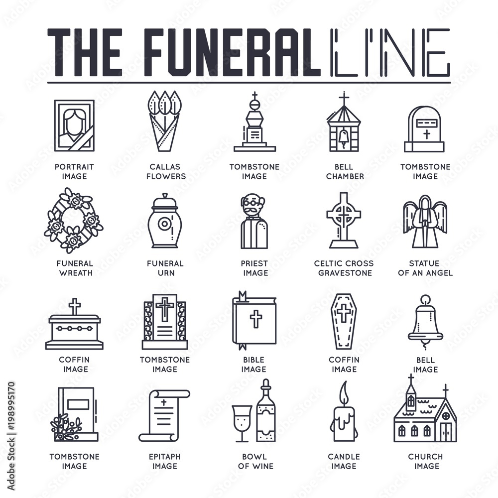 Thin lines collection icons set dedicated to funeral, death, and ...