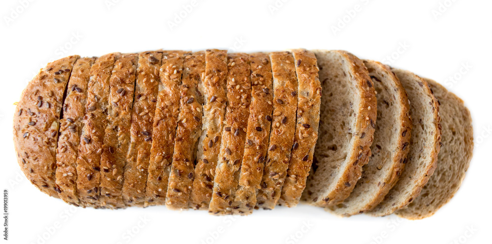 Top view of sliced wholegrain loaf bread isolated on white background ...