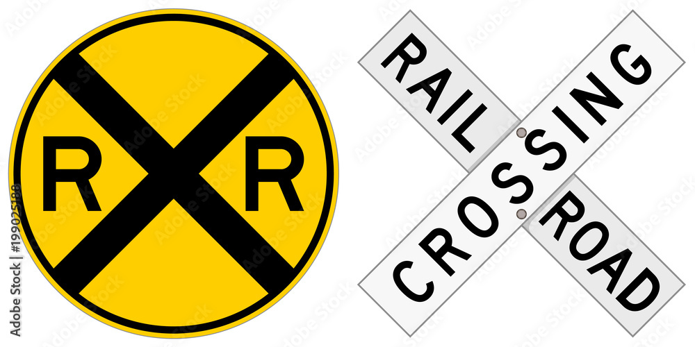 Vector illustration of two railroad crossing signs: a round sign and a ...