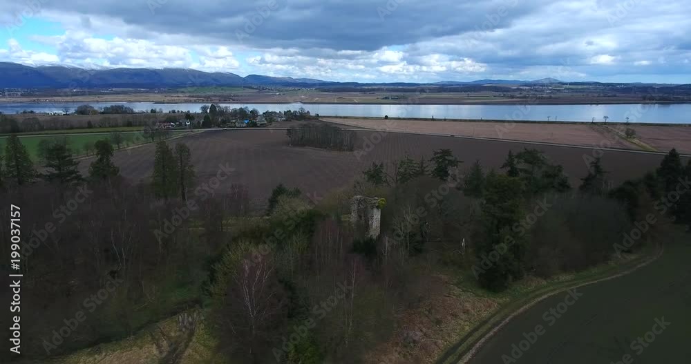 Aerial footage of Elphinstone Tower near Airth in Central Scotland. A ...