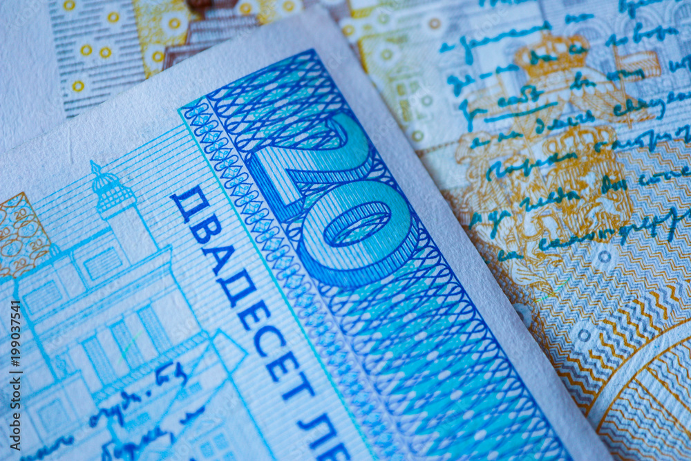 Bulgarian currency BGN banknote, 20 leva, reverse side, part, macro ...
