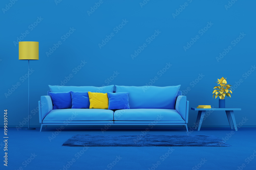 Interior design minimal style concept. Blue modern sofa in blue living ...