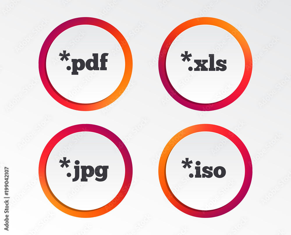 Document icons. File extensions symbols. PDF, XLS, JPG and ISO virtual ...