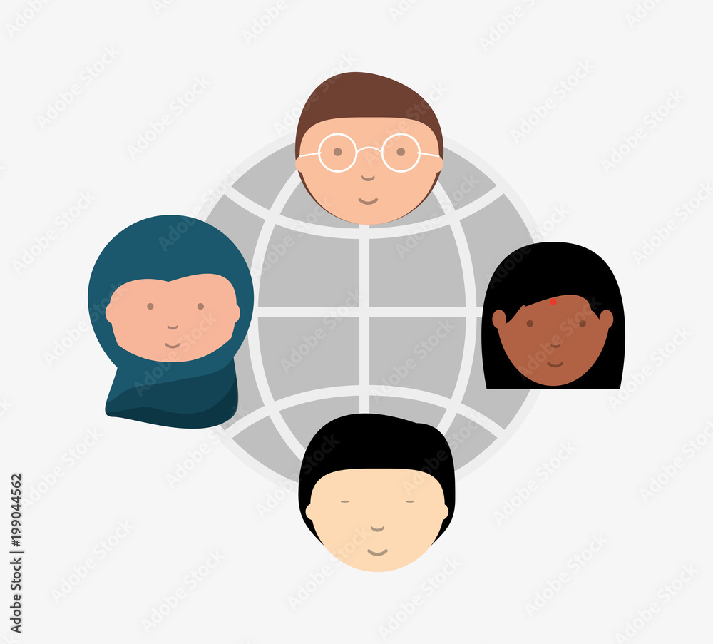 Cartoon people faces of different cultures and global network sphere ...