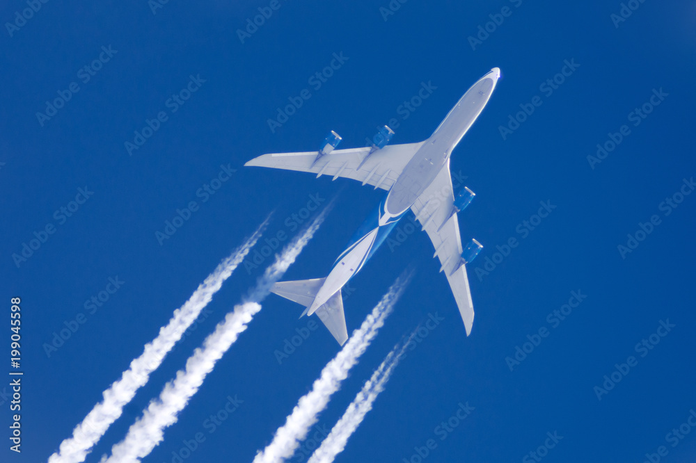 Airplane big four engines aviation airport contrail clouds, extremely ...