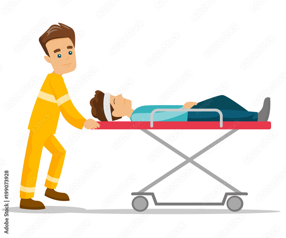 Caucasian white emergency doctor transporting victim after accident on ...