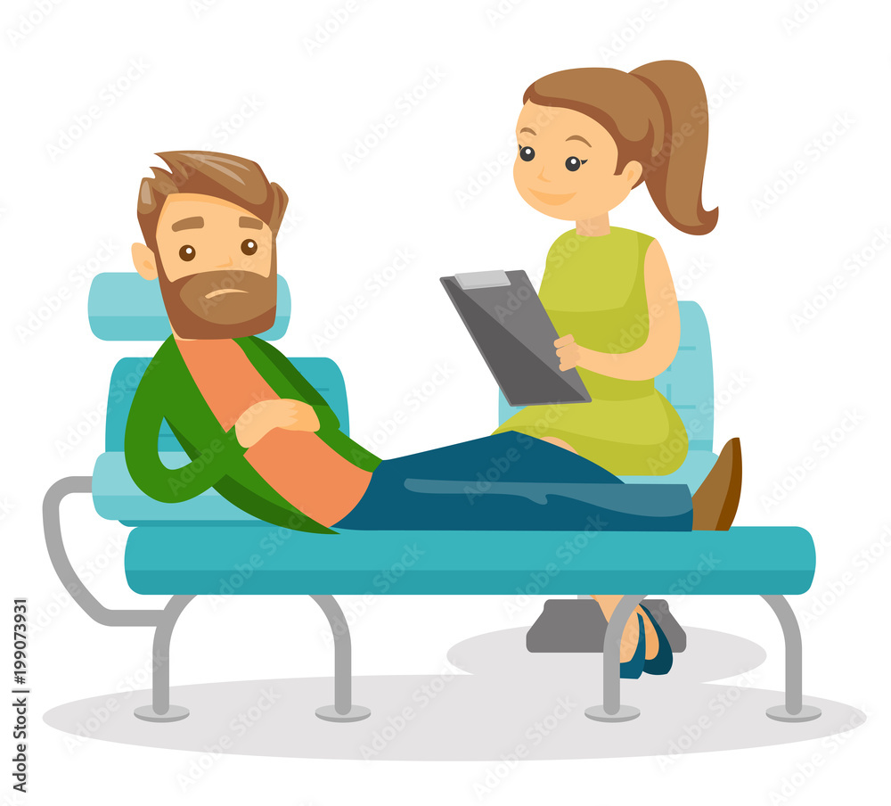 Caucasian white patient sitting on sofa and talking about depression ...